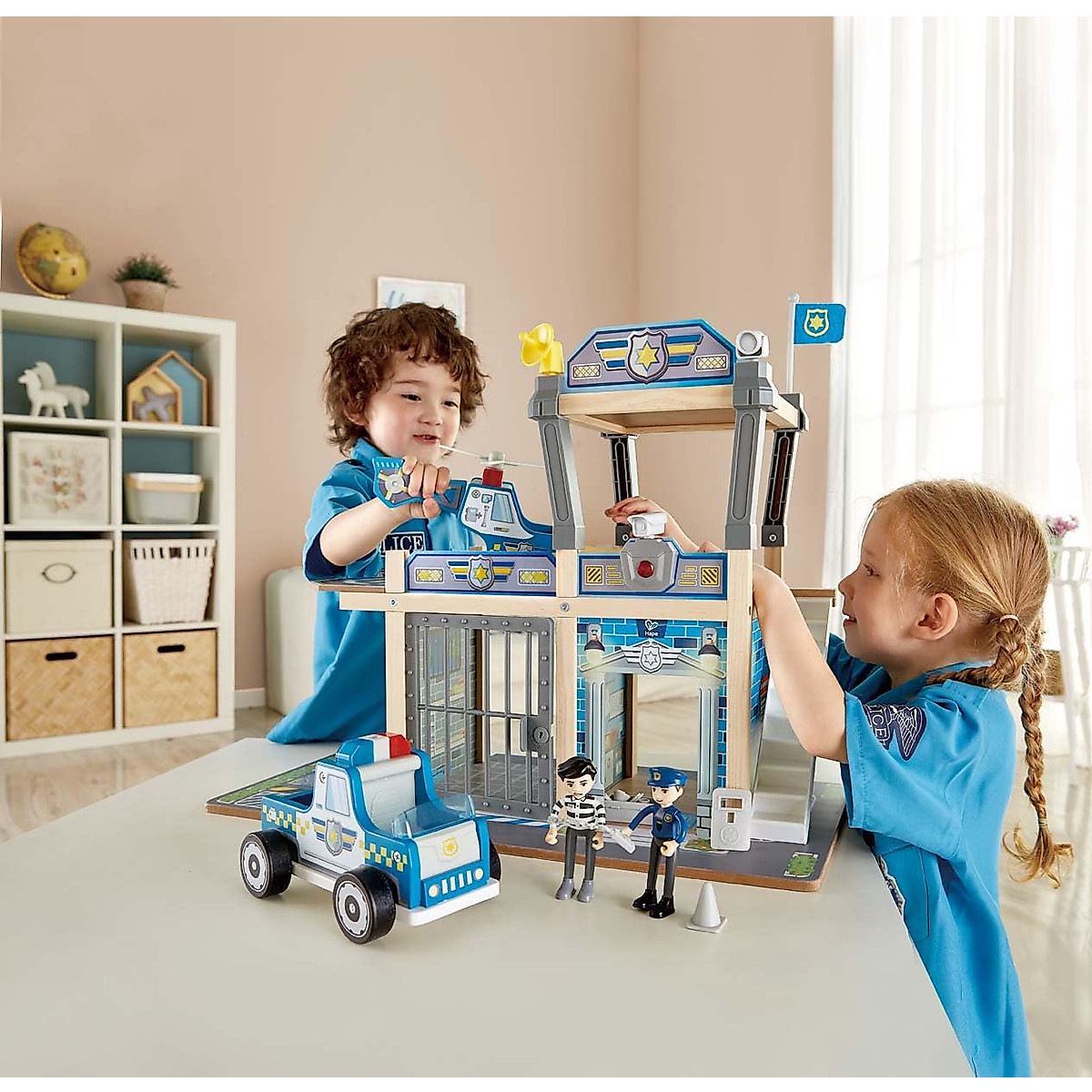 Hape Metro Police Station Play Toy Set with Sounds and Lights| 2-Level Wooden Pretend Play Toy with Action Figures and Accessories