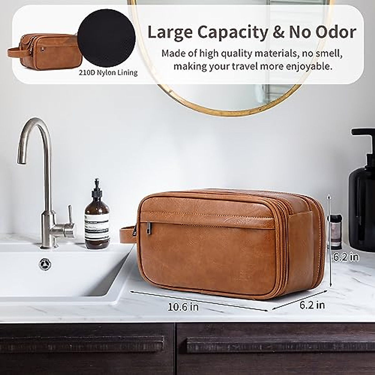 JIELV Travel Toiletry Bag for Men, Large Toiletry Bag Mens Travel Bag Toiletries Organizer for Grooming, Skincare, and Personal Care on the Go (PU-Leather-Waterproof, Brown)