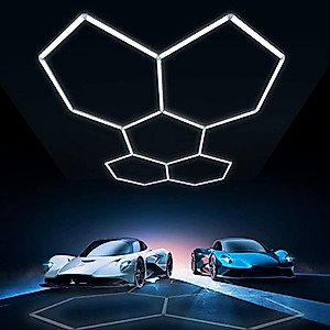 soges Hexagon Led Garage Light, 5 Grids 144W Hexagon Garage LED Light High Brightness Ceiling Lights DIY Linkable LED Garage Light for Gym/Car Detailing Shop/Work Shop/Auto Beauty Shop (White)