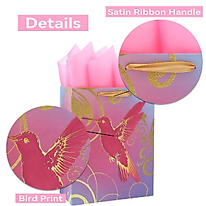 Qirrmiy 13" Large Pink Gift Bag Set with Greeting Card and Tissue Papers (A Pink Bird Design) for Celebrating Birthdays, Weddings, Anniversaries and Mother's Day-10.2”x5.2”x13”, 1 Pcs.