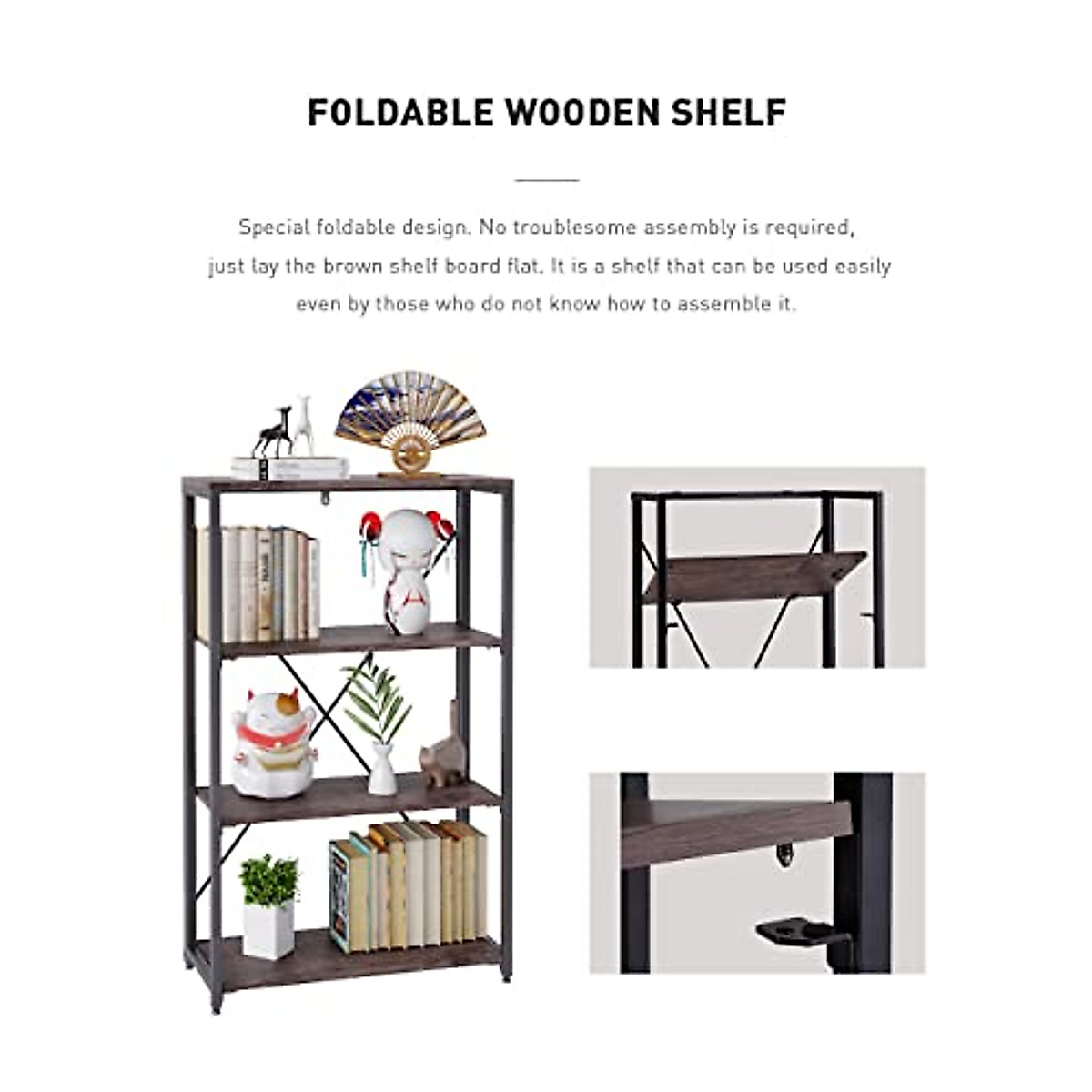 Bookshelf,3-Tier Folding Bookcase,Industrial Book Shelf,Rustic Wood Storage Shelves,Tall Bookshelf,Shelves For Bedroom,Office,Kitchen,Living Room,Study Room,No Assembly Folding Bookshelf,Black