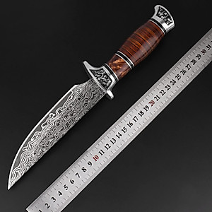 Link Knife 11 Inch Manual Damascus Hunting Knife with Wooden Handle, Men's Fixed Blade Survival Knife with Leather Sheath