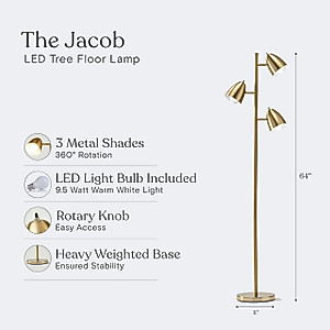 Brightech Jacob LED Standing Lamp, Modern Bright Floor Lamps for Living Rooms & Bedrooms, Tall LED Lighting Lamp with Adjustable 3 Light Tree – Antique Brass/Gold