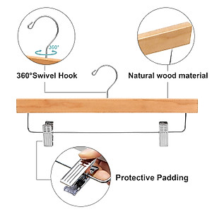 BAGAIL Wooden Pants Hangers with Adjustable Clips, 360°Swivel Hook Space Saving Skirt Holders with Anti-Rust Clips for Trousers, Jeans, Shorts (20Pack Natural)