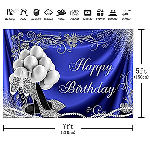 Aperturee 7x5ft Happy Birthday Backdrop Glitter Silver and Blue Dots Balloons High Heels Glasses Photography Background Adult Girls Women Sweet 16 Party Decoration Cake Table Banner Photo Booth Studio