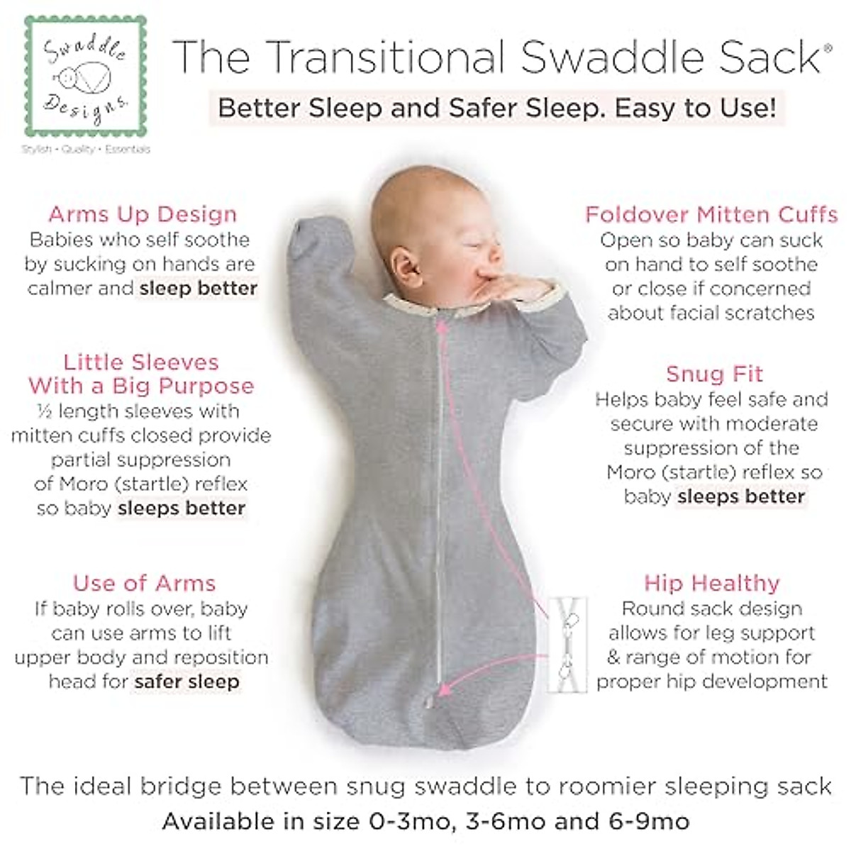 SwaddleDesigns Transitional Swaddle Sack with Arms Up Half-Length Sleeves and Mitten Cuffs, Medium, 3-6 Months, 14-21 lb, Heathered Gray (Arms Up Swaddle, Transition Swaddle Sleep Sack)