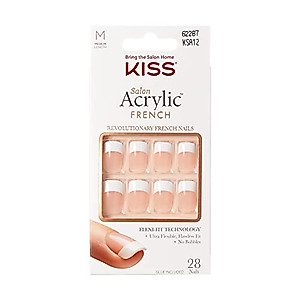 KISS Salon Acrylic French Nail Manicure Set, Medium Length, Squoval, “ Rumour Mill”, Nail Kit Includes Pink Gel Nail Glue (Net Wt. 2 g / 0.07oz.), Mini File, Manicure Stick, and 28 Fake Nails