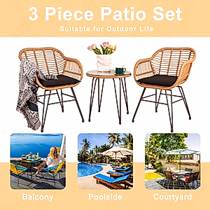 Tappio 3 Piece Outdoor Wicker Furniture Patio Bistro Set, Balcony Furniture Rattan Conversation Sets, Outdoor Patio Chairs Set for Porch Poolside Garden, Black
