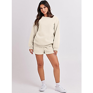 ANRABESS Women 2 Piece Outfits Sweat Shorts Sets 2025 Oversized Casual Lounge Matching Set Sweatsuit Tracksuit Clothes Beige X-Small