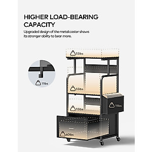 Bealife 3 Tier Home Office Printer Stand with Drawer,Side Canvas Bag, Metal Hook, Tall Mobile Printer Rack Cart with Ample Storage Space, Durable Lockable Casters, Multifunctional in Use - Black