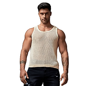 Verdusa Men's Casual Sleeveless Round Neck Sheer Knitted Tank Muscle Top Beige XL