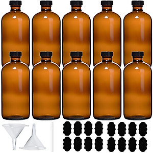 Galssmagic 16 oz Amber Glass Bottle,10 Pack Round Sample Dark Bottles for Oil,Kombucha(Black Caps,Labels and Funnels Included)