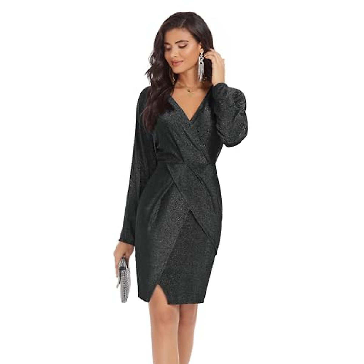Long Sleeve V Neck Sparkle Wrap Dress Ruched Cocktail Party Dresses Bodycon Midi Sexy Club Dress Black S