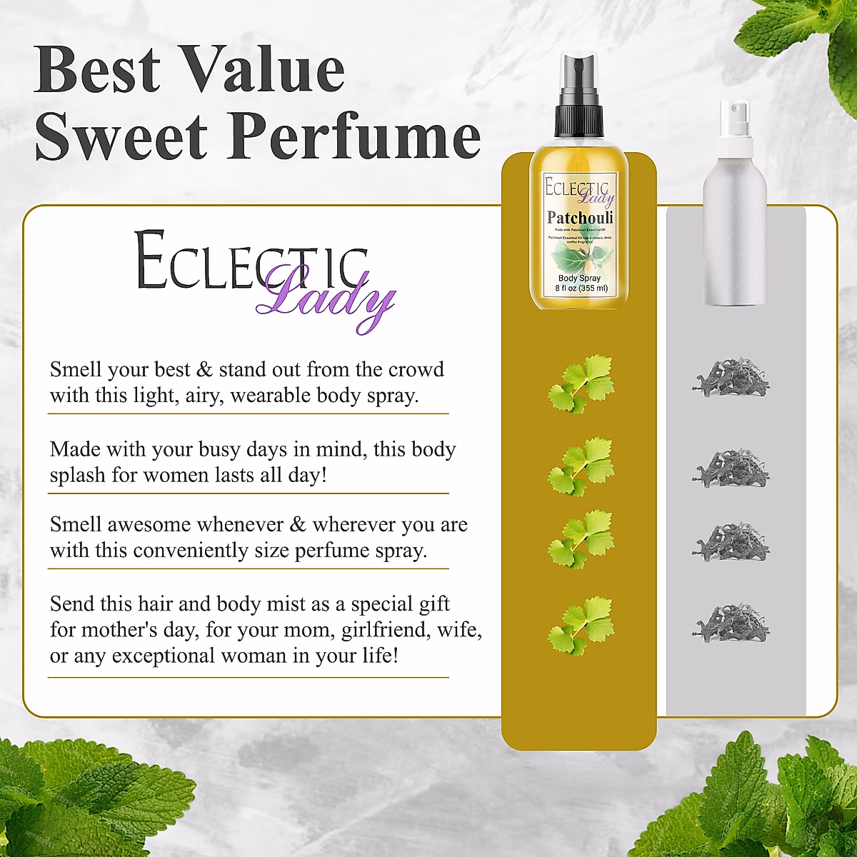 Body Spray for Women, 8 Oz Patchouli Essential Oil Body Mist with Long-Lasting Fragrance, Earthy & Clean Scent Reminiscent of the 1960s & 70s, Light, Subtle Perfume with Wood Notes, 100% Paraben Free