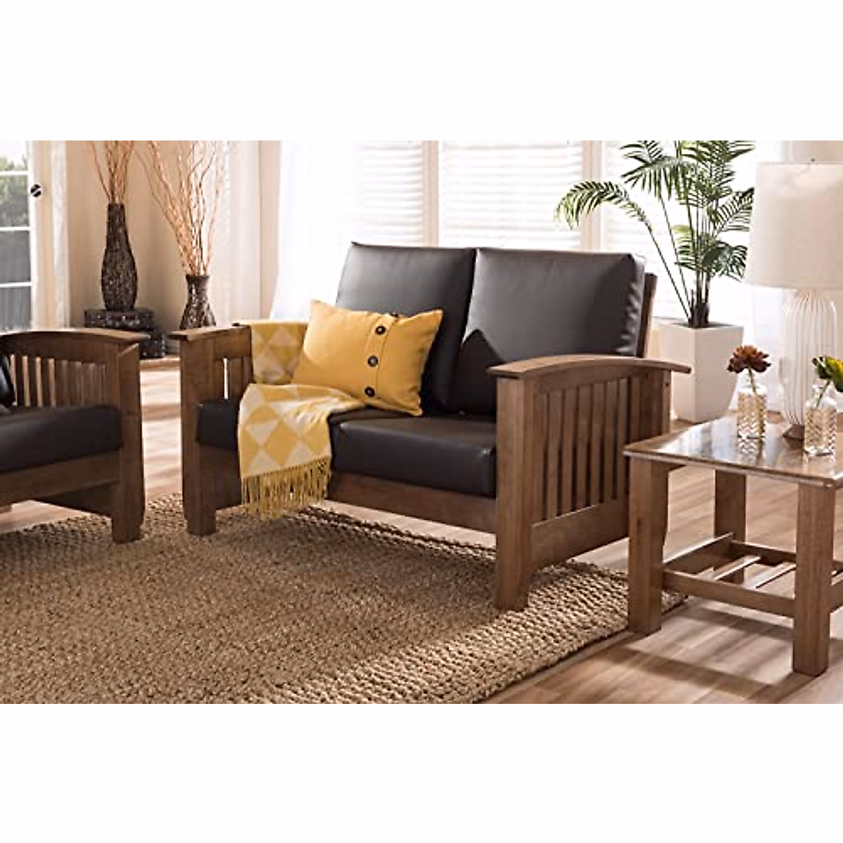 Baxton Studio Charlotte Modern Classic Mission Style Walnut Brown Wood and Dark Brown Faux Leather 2-Seater Loveseat