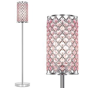 Crystal Floor Lamp for Bedroom, Silver Floor Lamp with Pink Shade, Girls Floor Lamp with On/Off Foot Switch, Elegant Standing Light Tall Pole Lamp for Living Room, Dresser, Office (E26 Base)