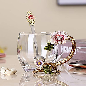 JY-Danbady Enamel Sunflower Crystal Lead-Free Glass Tea Cup with Spoon Set, Present for The Christmas, Valentine's Day.Best Present for Mother, Grandma, Girlfriend, Sister.