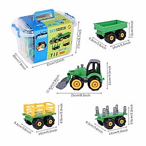 MINGPINHUIUS Farm Toys Truck Tractor with Trailer, Farm Car Set Take Apart Toys Farmer Vehicle Toy Set with Carry Case, Building Toy Birthday Gift for Kids Boys Girls