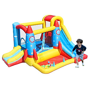 AirMyFun Inflatable Bounce House,Bouncy Castle with Air Blower,Play House with Ball Pit,Inflatable Kids Slide,Jumping Castle with Carry Bag(Rocket Theme)