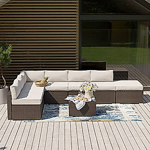 SUNBURY 8-Piece Outdoor Sectional Wicker Sofa in Off White Cushions, Brown Wicker Patio Furniture Set w Glasstop Table & Ottoman for Backyard Garden Porch