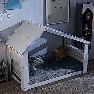 AnwickNomo Solid Wood Twin Canopy Platform Bed Frame with Roof Window and LED Light, Twin House Floor Bed Frames for Kids, Boys, Girls, Teens, Mattress Foundation, No Box Spring Needed (White)