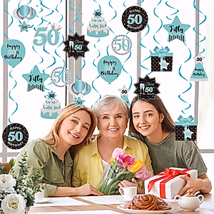 Happy 50th Birthday Party Hanging Swirls Streams Ceiling Decorations, Celebration 50th Foil Hanging Swirls with Cutouts for 50 Years Teal Silver Black Blue Birthday Party Decorations Supplies