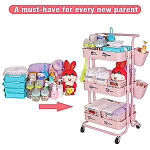 JOLEAD Baby Diaper Caddy Organizer, Movable Diaper Cart Newborn Nursery Essentials Diapers Storage Cart for Changing Tables, Easy to Assemble, Pink