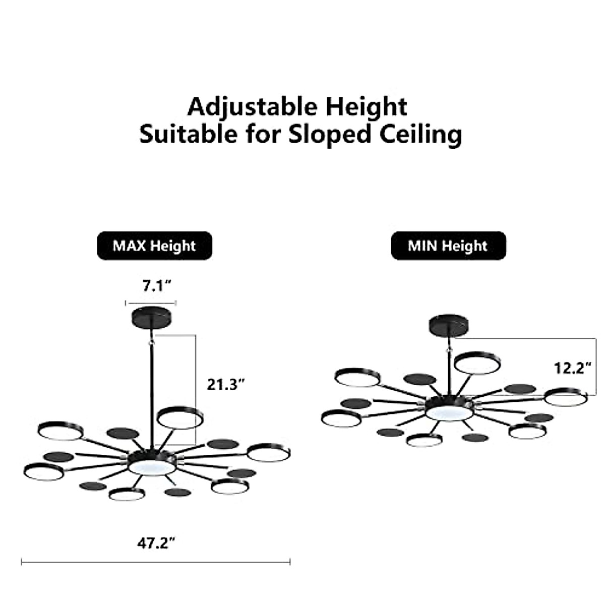 Kaiyuan Black Chandelier Light Fixture, Modern LED Chandelier with Remote Control, 12-Lights Modern Farmhouse Black Sputnik Chandelier for Dining Room,Bedroom,Living Room,Kitchen,Bedroom,Foyer