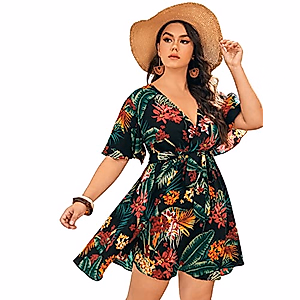 Floerns Women's Plus Size Tropical Print V Neck Short Sleeve Belted Short Dress Black Multi 2XL