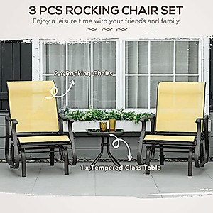Outsunny 3-Piece Outdoor Gliders Set Bistro Set with Steel Frame, Tempered Glass Top Table for Patio, Garden, Backyard, Lawn, Yellow