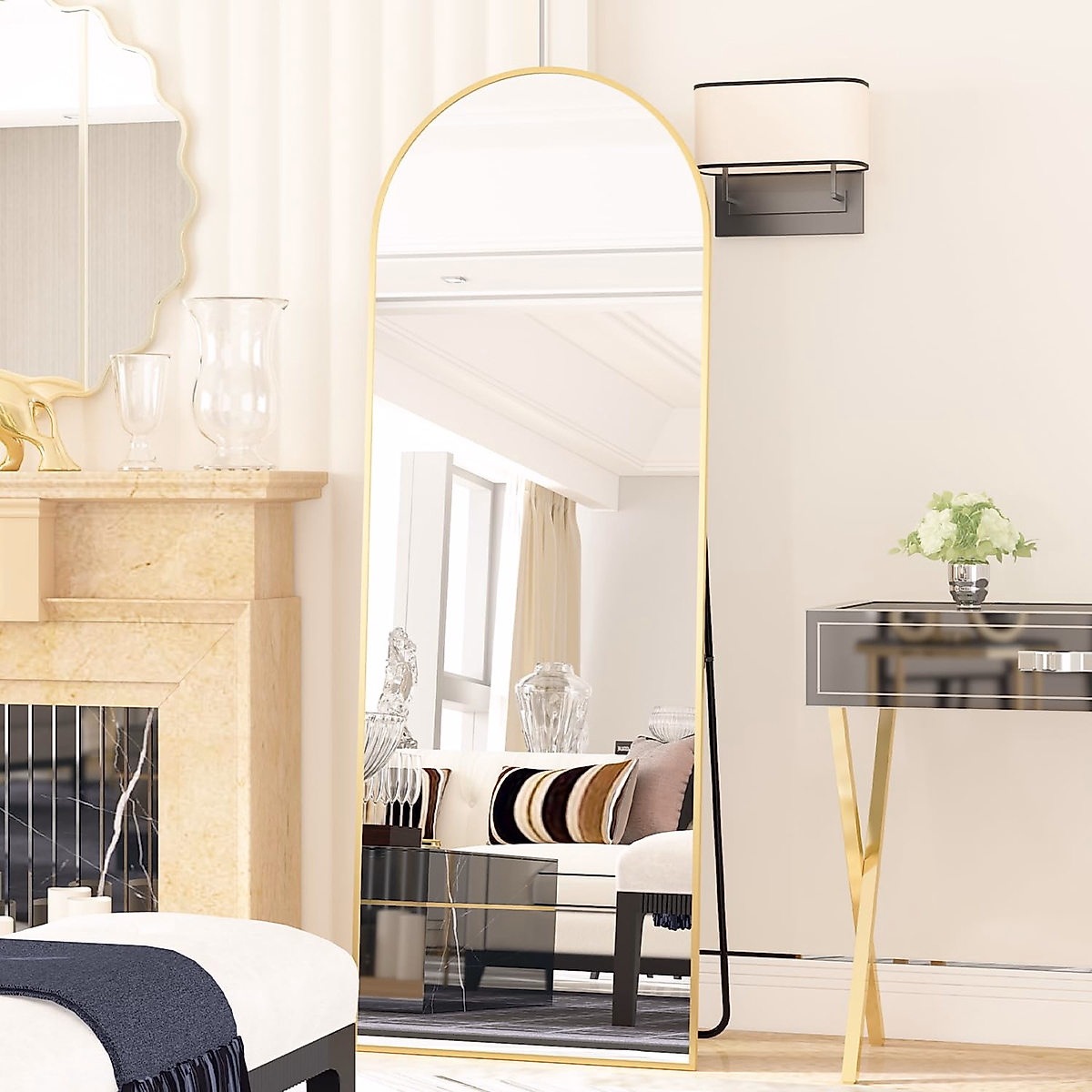 Elemango 64"x21" Arched Floor Mirror Full Length Mirror, Full Body Wall Mirror with Aluminum Frame, Arched-Top Full Mirror Standing Hanging or Leaning, Dressing Mirror for Bedroom Living Room, Gold