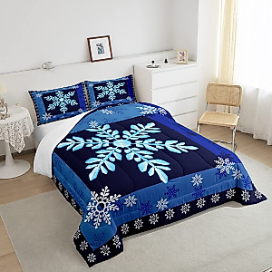 Castle Fairy Snowflake Art Comforter Set Queen Size,Geometric Snowflake Bedding Set for Kids Boys Girls Bedroom Decoration,Navy and Blue Bed Duvet Insert,Winter Theme Comforter with 2 Pillowcase