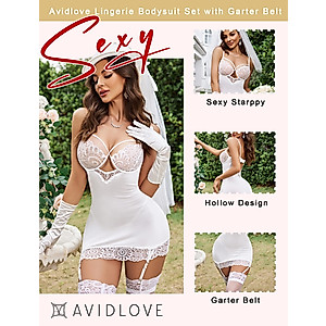 Avidlove Bridal Lingerie Womens Lingerie Teddy Bodysuit with Garter Belt Lace Babydoll Full Slips No Stockings (1 White, S)