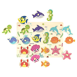 Wooden Peg Puzzle, Sea Creature Chunky Baby Puzzles, Colorful Wood Shape Puzzle Peg Board, Animal Knob Puzzle for Educational Toddlers 18 Months and Up, 11 Pieces
