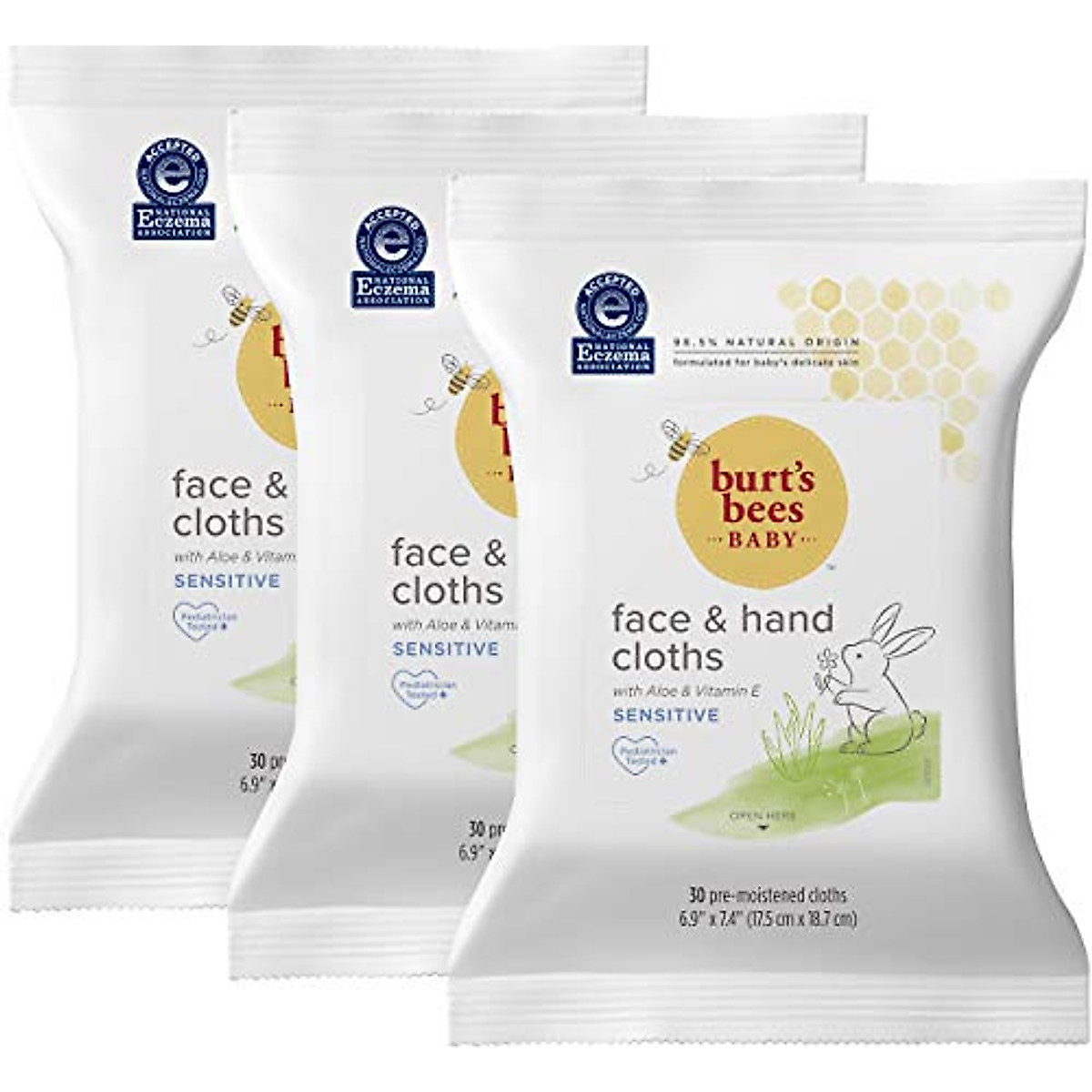 Burt's Bees Baby Face & Hand Cloths, Unscented Cleansing Wipes,30 Wipes - Pack of 3 30 Count (Package May Vary)
