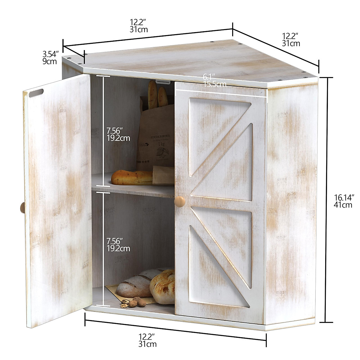 Trironsun Corner Bread Box for Kitchen Counter Double Layer Bamboo Bread Storage Container Large Capacity Bread Storage Bin Farmhouse Breadbox Organizer (Antique White)