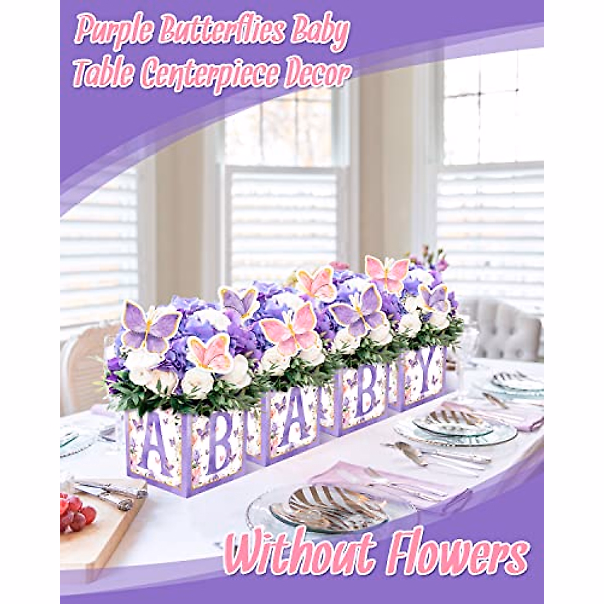 Levfla Purple Butterfly Baby Centerpiece Boxes with Butterfly Cutouts, Party Floral Arrangement, Baby Shower Table Decoration without Flowers, Set of 4 Blocks & 8 PCS Butterfly Cardstocks
