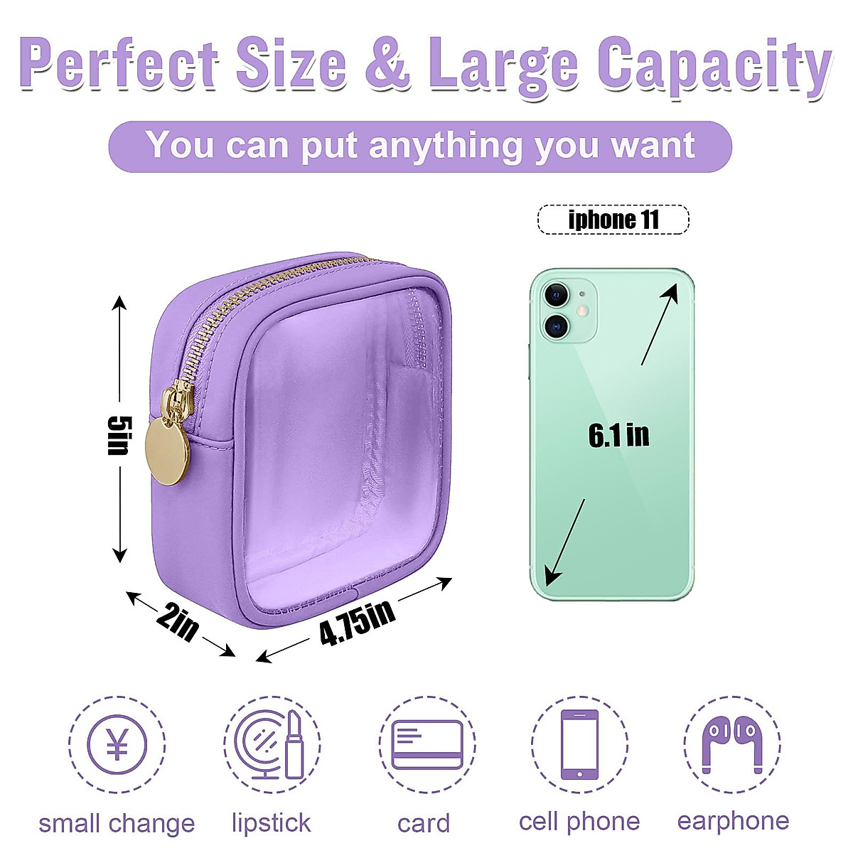 Mini Clear Travel Makeup Organizer Bag for Purse, Small Cute Makeup Bag Preppy Cosmetic Zipper Pouch Purse, Transparent PVC & Nylon Travel Coin Pouch Sanitary Napkin Storage Bag for Women Girl(Purple)