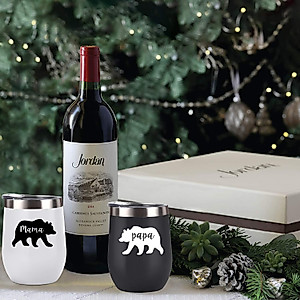 Gingprous Mama Bear, Papa Bear Couple Wine Tumbler Set, Gifts for Couples, New Parents, Pregnancy, New Mom and New Dad, 12 Oz Insulated Stainless Steel Wine Tumbler with Lid(Set of 2, Black and White)