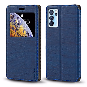Shantime Oppo Reno 6 Pro 5G Case, Wood Grain Leather Case with Card Holder and Window, Magnetic Flip Cover for Oppo Reno 6 Pro 5G, Blue