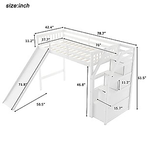 Bellemave Wood Loft Bed with Slide, Twin Loft Bed with Staircase, Loft Bed with Storage for Kids Girls Boys, White
