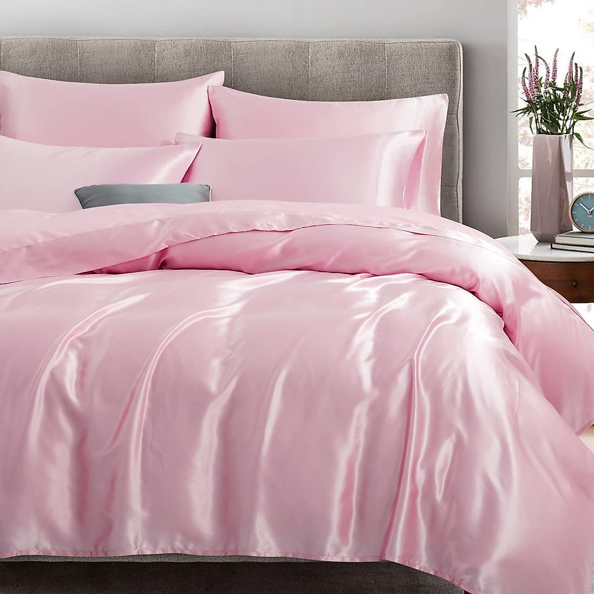 TREELY 4 Piece Satin Sheets Twin Size - Silky Smooth Pink Sheet Set With Deep Pocket, Fitted Sheet, Flat Sheet, 2 Pillowcases