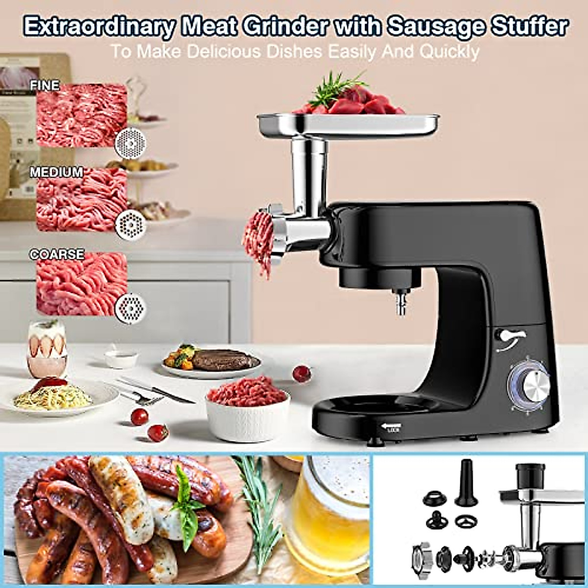 Stand Mixer, 6 IN 1 Multifunctional Electric Kitchen Mixer 660W 6 Speed with 7.4QT Stainless Steel Bowl, 1.5L Glass Jar, Meat Grinder, Dough Hook, Whisk, Beater, Sausage Kit, Food Mixer for Baking