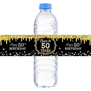 WOWOPA 32Pcs Cheers to 50 Years Water Bottle Labels, Happy 50th Birthday Labels Stickers for Women and Men Birthday Party Decorations - Black
