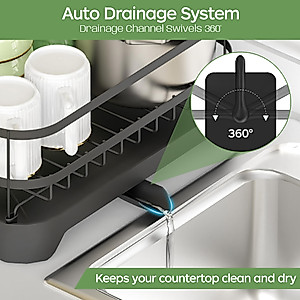 ROTTOGOON Dish Drying Rack, Stainless Steel Rustproof Dish Rack for Kitchen Counter, Sturdy Dish Drainer with Drainboard, Drainage, Utensil Holder for Various Kitchenware, 16.9"(L) x 12.2"(W), Black