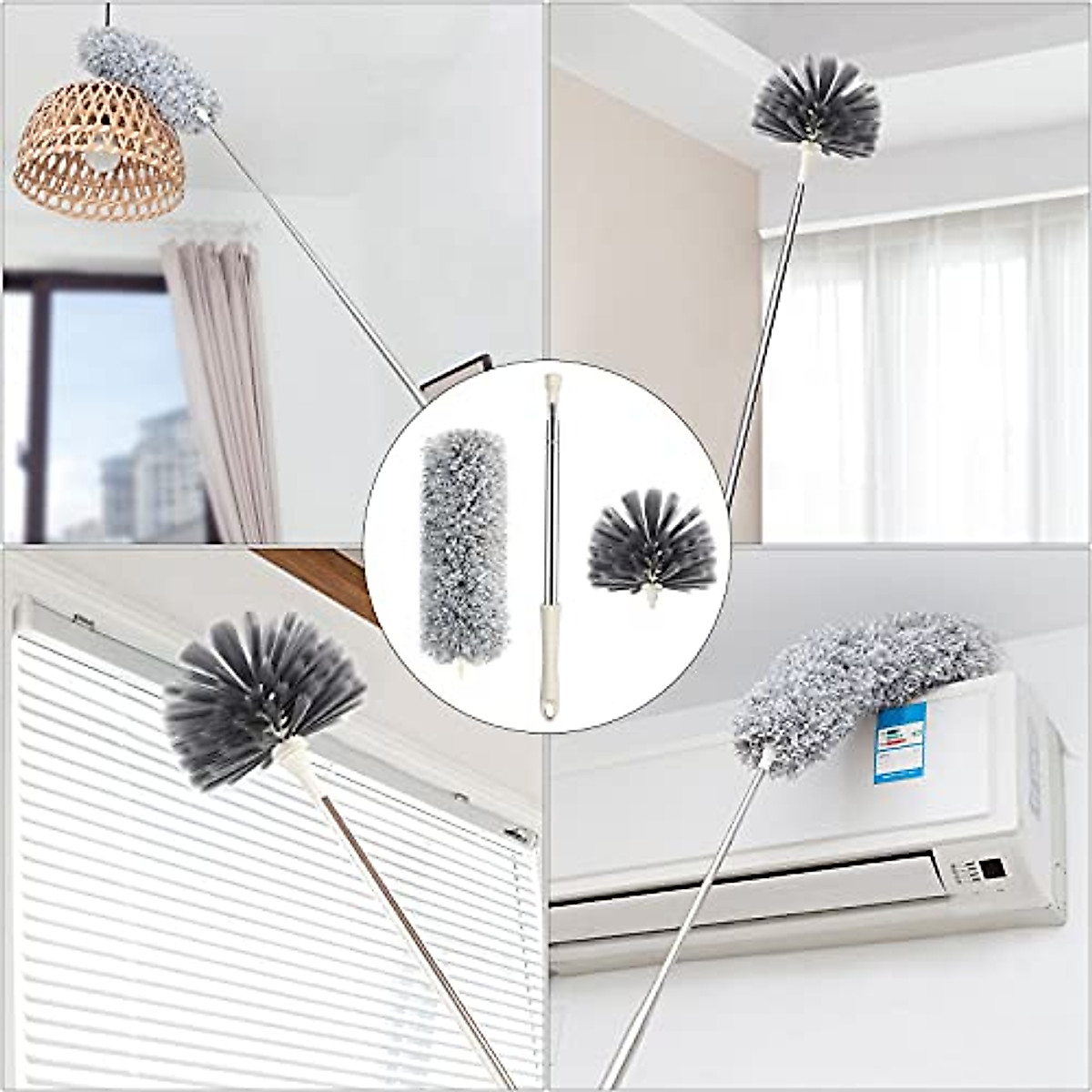 RMAI Duster with Extension Pole(Stainless Steel), 100’’ Extra Long Microfiber & Domed Cobweb Double Replacement Heads Extendable Dusters, Scratch Resistant Duster for Cleaning High Ceiling Fan, Cars