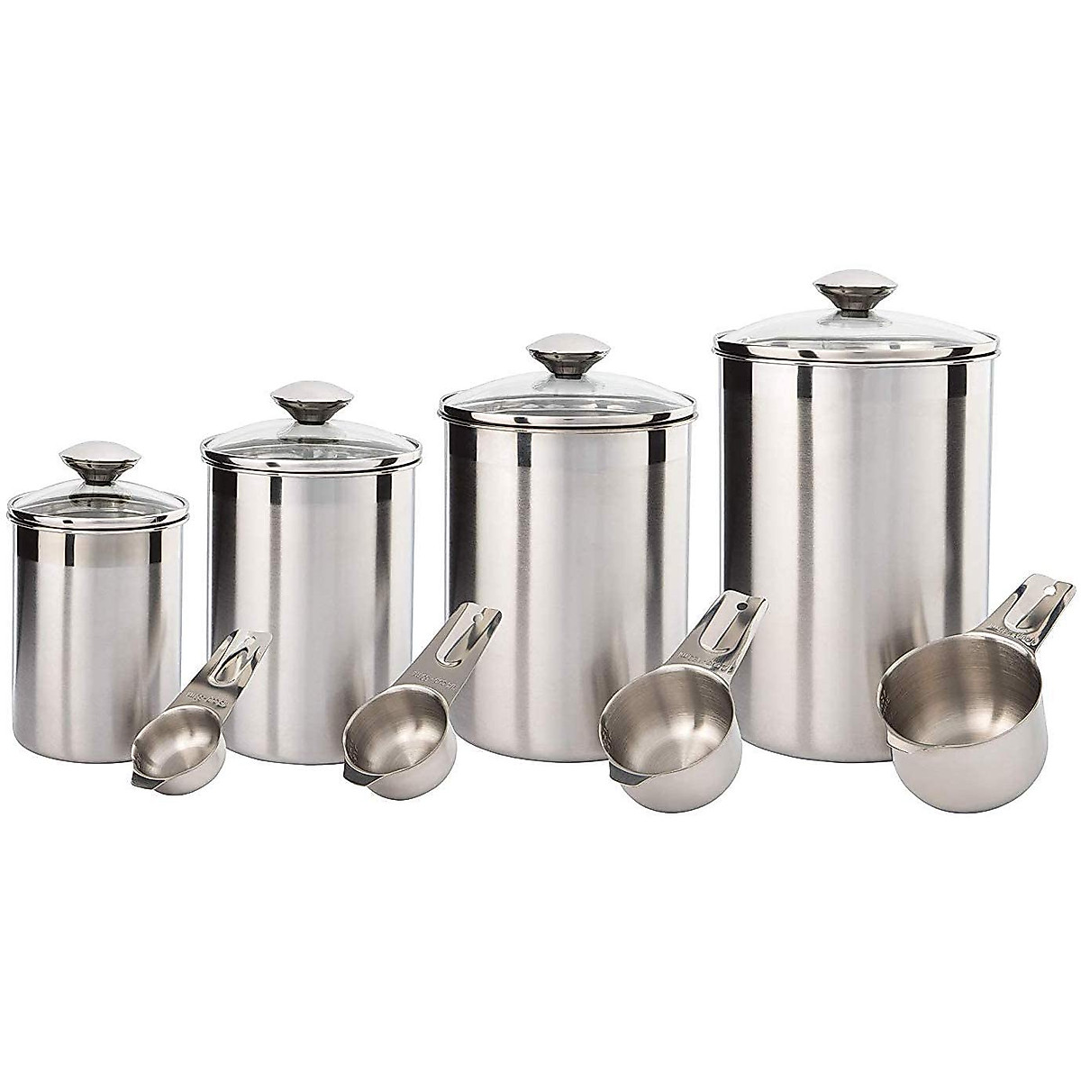 Kitchen Canister Set - Airtight Stainless Steel Canisters with Glass Lids - Clear See-Thru Top - Containers Set for Kitchen - Ideal for Food, Flour, Sugar, Coffee, Tea & Pantry Storage (8 Piece Large)