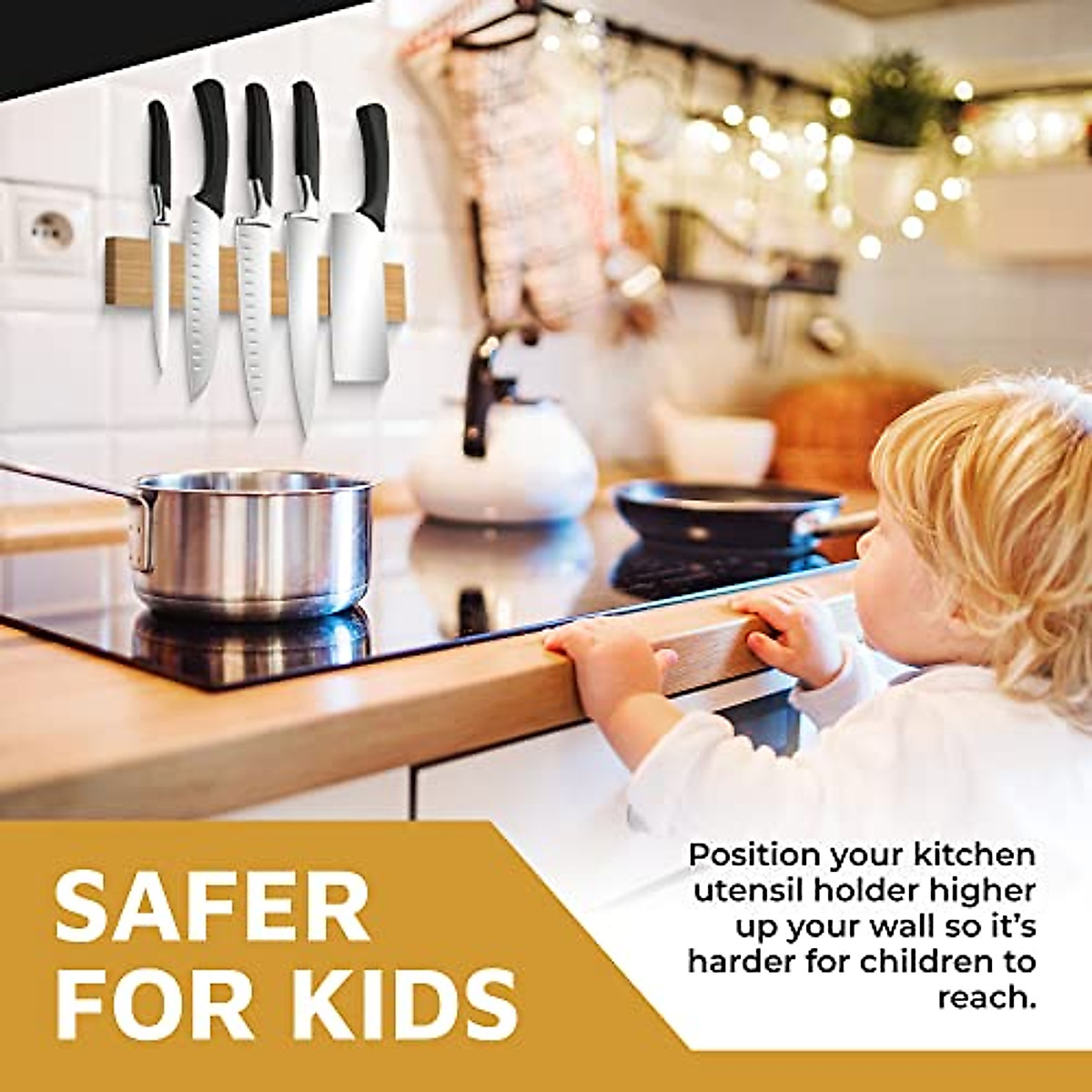 Poolrcfilters 16-Inch Magnetic Bamboo Knife Set Holder, Versatile Utensil Holder & Tool Organizer, Space-Saving Kitchen Organization Essential