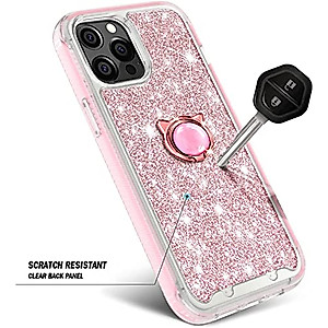 NZND Case for iPhone 11 with Built-in Screen Protector (6.1 inch, 2019) Ring Holder/Wrist Strap, Full-Body Protective Shockproof Rugged Bumper Cover, Impact Resist Durable Case (Glitter Rose Gold)