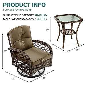 IMUsee Patio Furniture Set, 3 Pieces Swivel Rocking Chairs Outdoor Wicker Patio Bistro Set with Thick 4" Cushions, Brown & Khaki